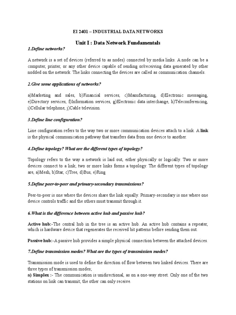 EI2401 - Industrial Data Networks - 2marks | PDF | Routing | Network ...