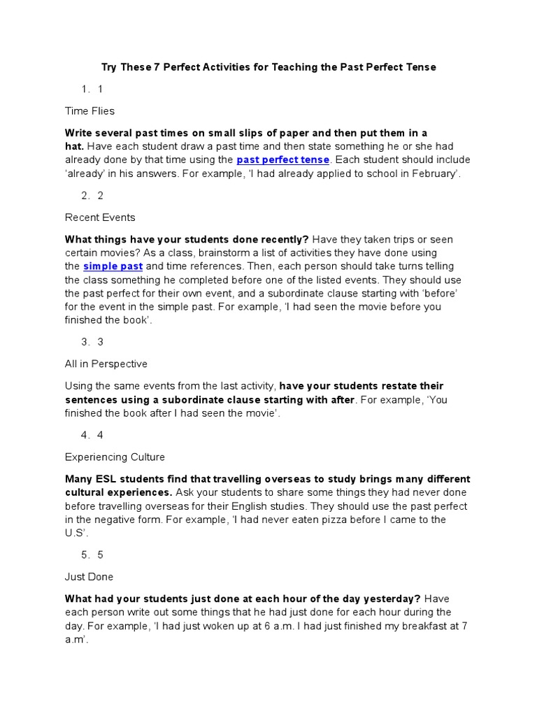 7 Activities For Teaching The Past Perfect Tense | PDF | Sentence ...