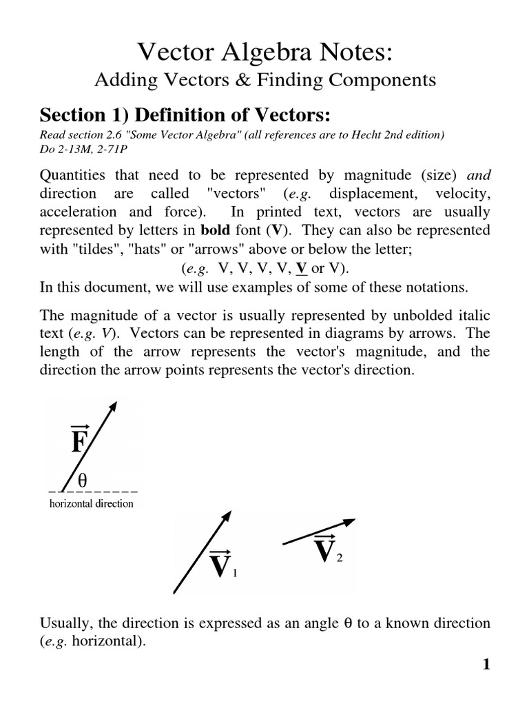 Vector Algebra Notes:: Adding Vectors & Finding Components Section 1 ...