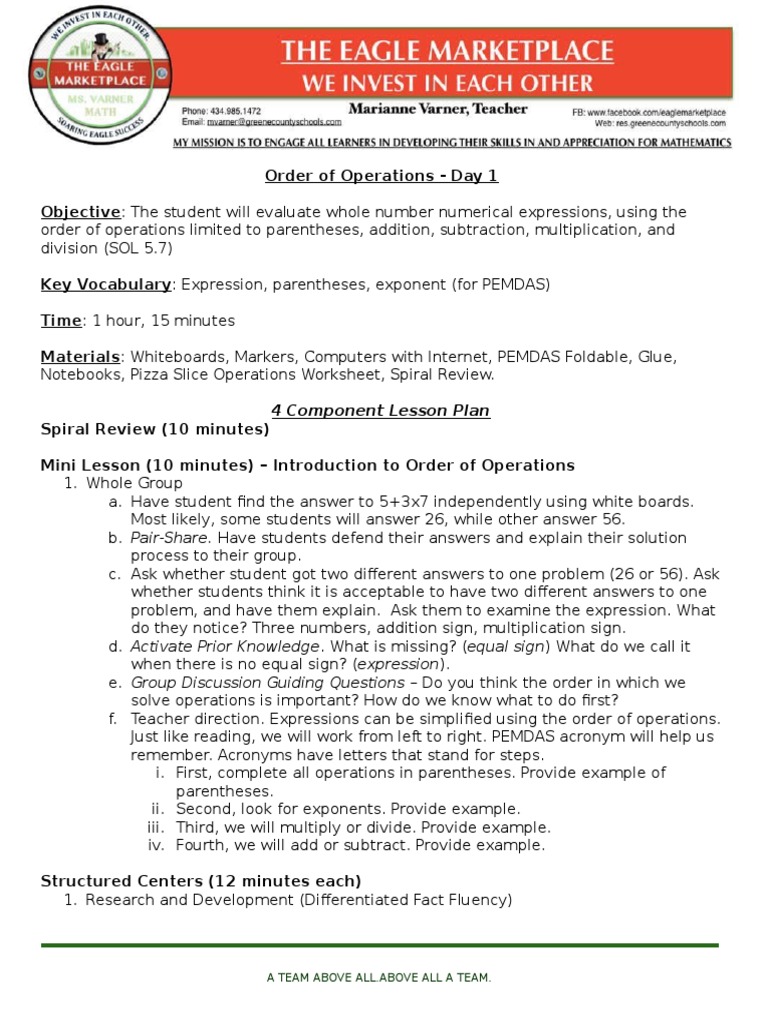 Order of Operations - Daily Lesson Plans | PDF | Worksheet | Fraction ...