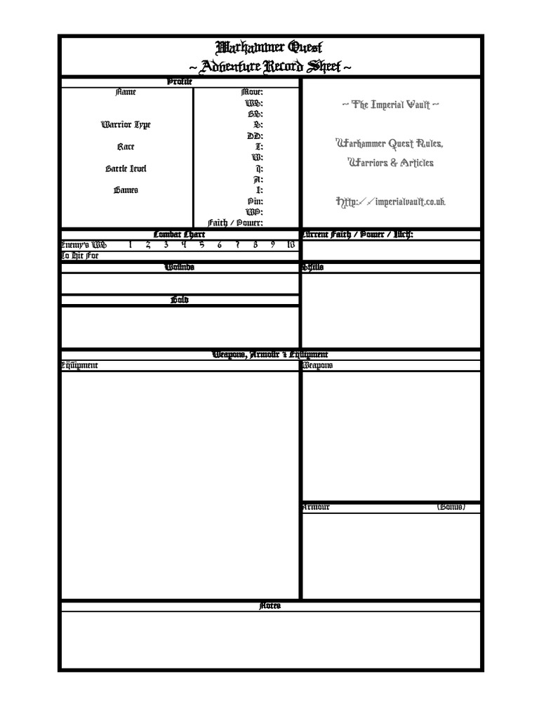 Warhammer Quest Adventure Record Sheet : The Imperial Vault Warhammer ...