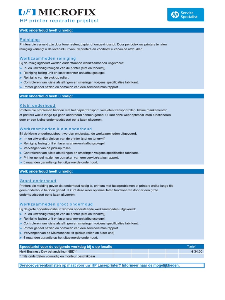 Microfix HP Printer Reparatie Prijslijst | PDF
