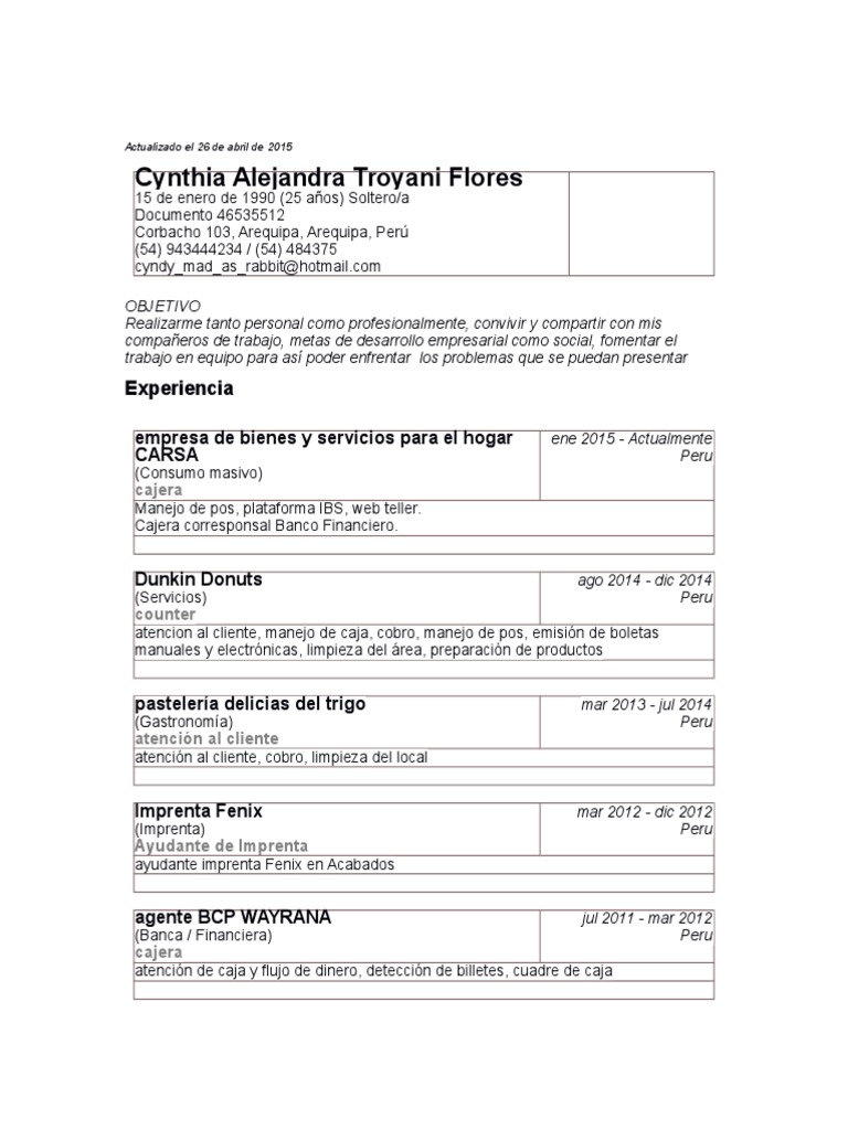 CV Cynthia Alejandra Troyani Flores | PDF | Perú | Industrias de servicio