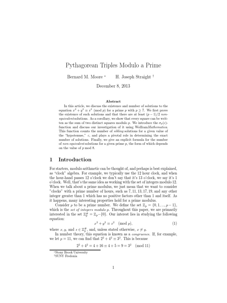 Pythagorean Triples Modulo P | Download Free PDF | Prime Number | Algebra