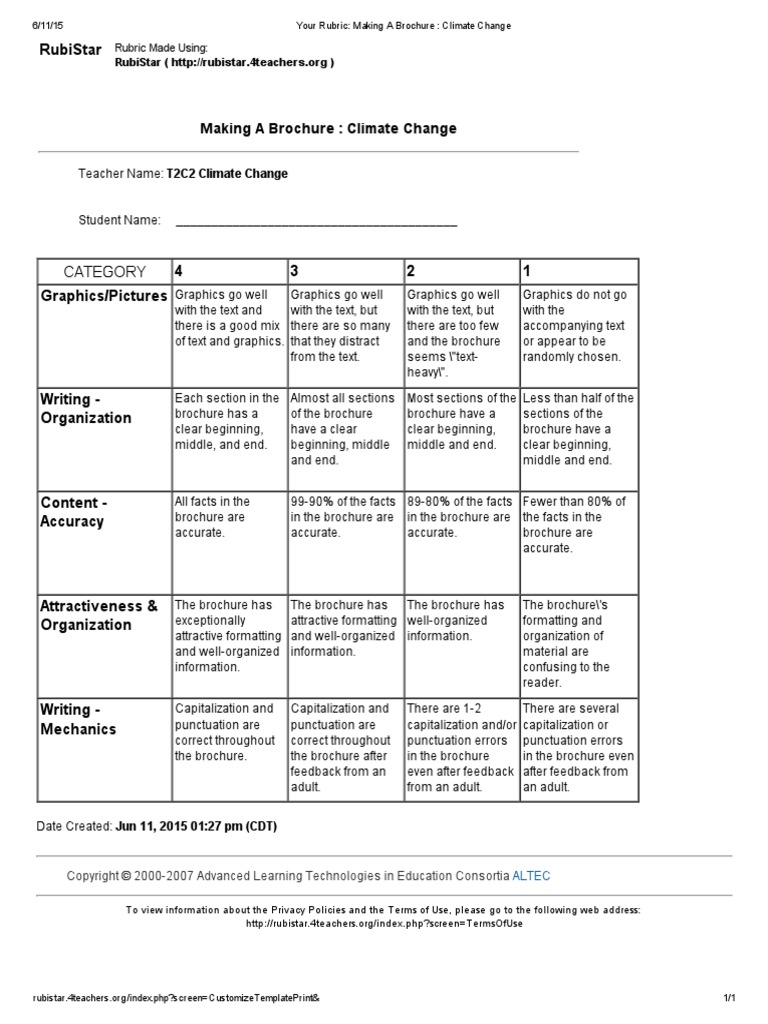 Your Rubric Making A Brochure Climate Change | PDF | Graphics | Learning
