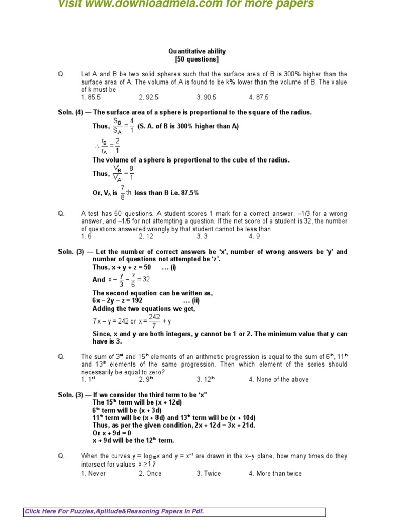 Quantitative Ability 50 Questions With Solutions | PDF | Geometry ...