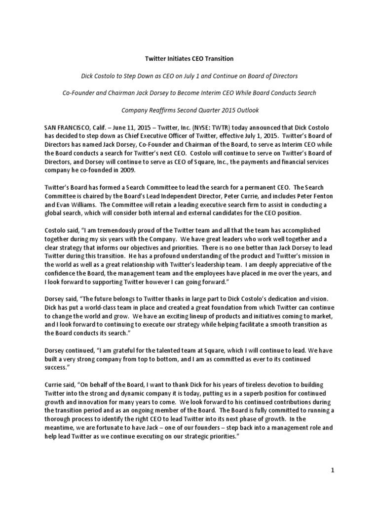 Twitter CEO Transition Announcement | PDF | Chief Executive Officer ...