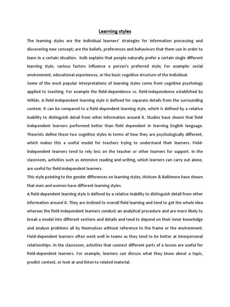 Learning Styles Summary | Learning Styles | Academic Discipline ...