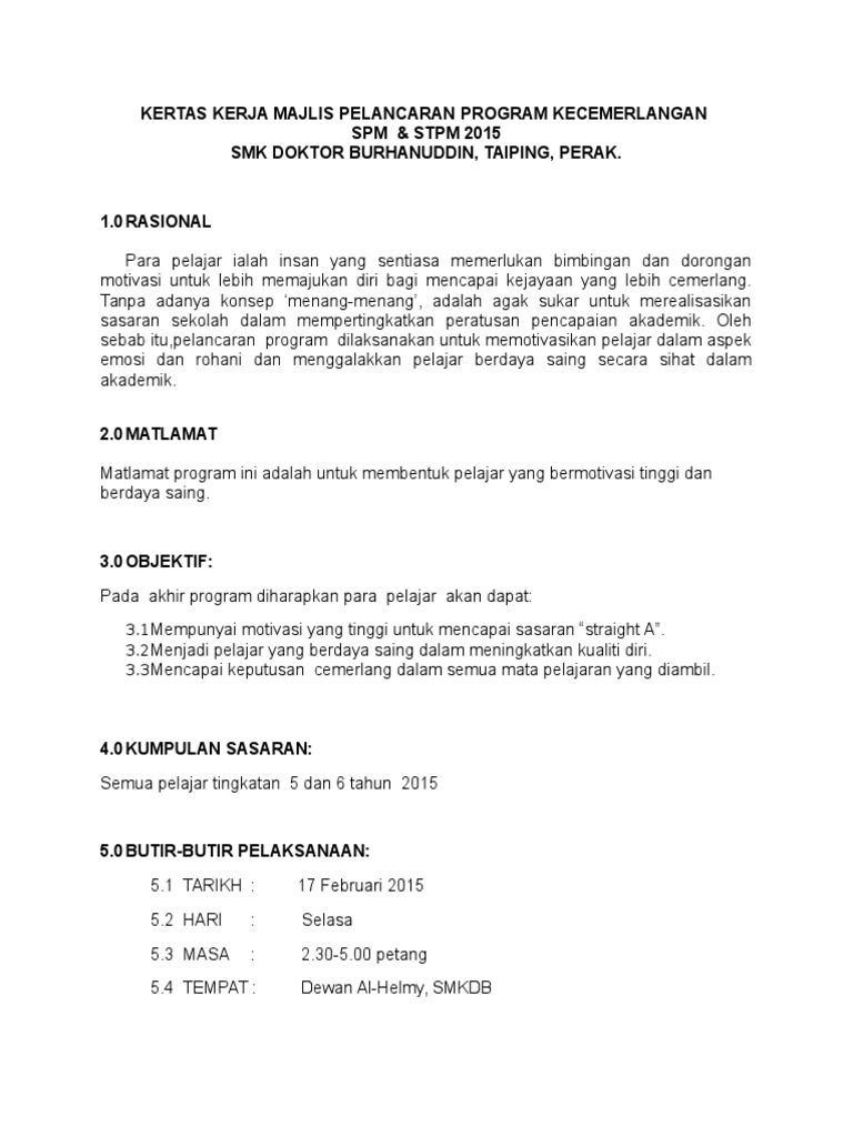 Kertas Kerja Pelancaran Program Kecemerlangan SPM | PDF
