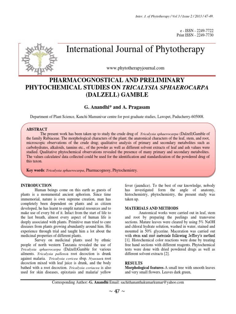 Pharmacognostical and Preliminary Phytochemical Studies On Tricalysia ... Pharmacognostical and Preliminary Phytochemical Studies On Tricalysia ...