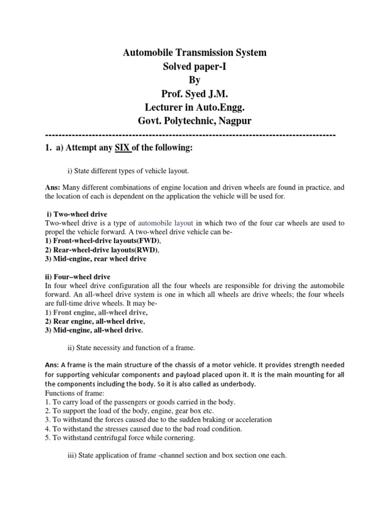 Automobile Transmission System Solved Papers PDF | PDF | Clutch ...
