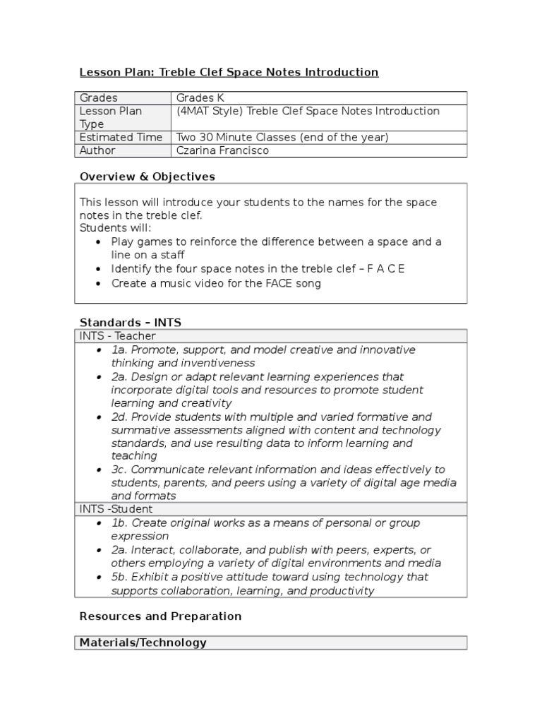 Lesson Plan: Treble Clef Space Notes Introduction | PDF | Lesson Plan ...