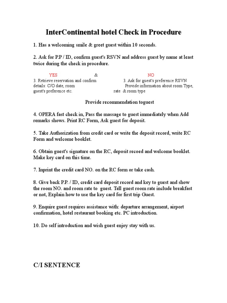 InterContinental Hotel Check in Procedure | PDF