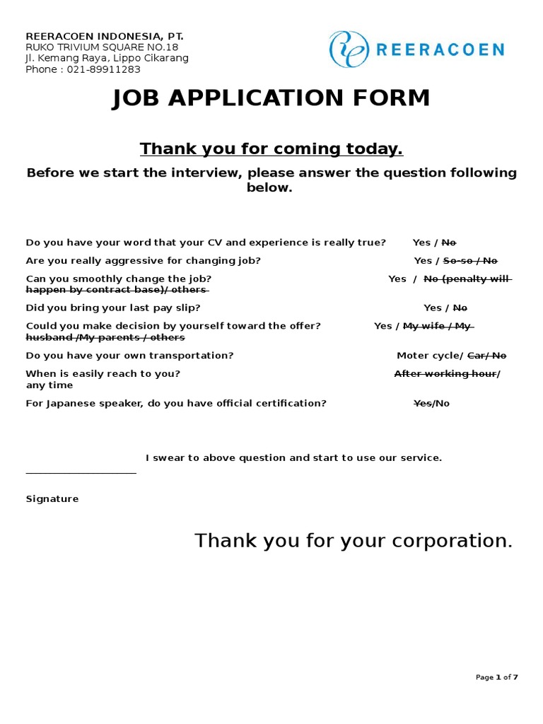 PT. Reeracoen Indonesia - Job Application Form | PDF | Employment | Labour
