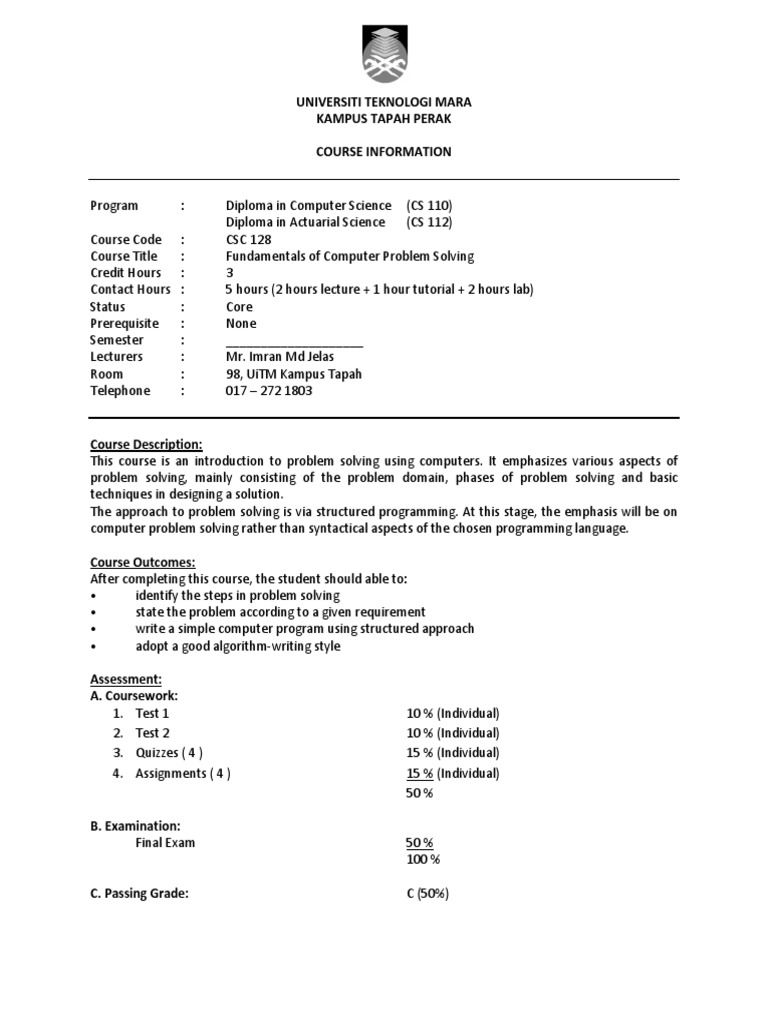 Computer Problem Solving Course Details | PDF | Control Flow | Array ...
