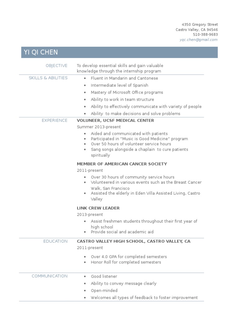 Internship Resume of Yi Qi Chen | PDF