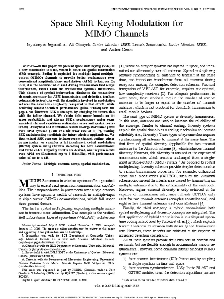 Space Shift Keying Modulation For MIMO Channels | PDF | Mimo | Modulation