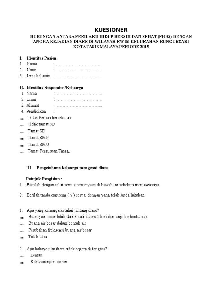 Kuesioner Diare pada Anak Sekolah | PDF | Pengembangan Diri | Gaya Hidup