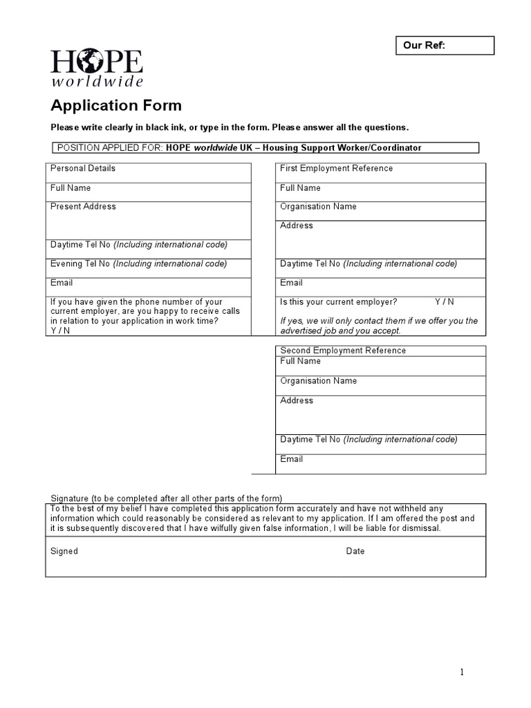 Housing Support Worker - Coordinator - Application Form | PDF ...