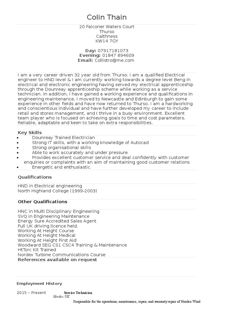 Colin Thain CV | PDF | Apprenticeship | Electrician