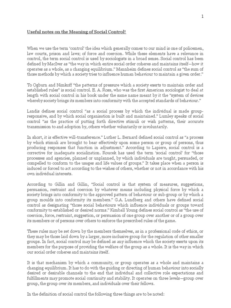 Useful Notes On The Meaning Of Social Control PDF Crime Violence