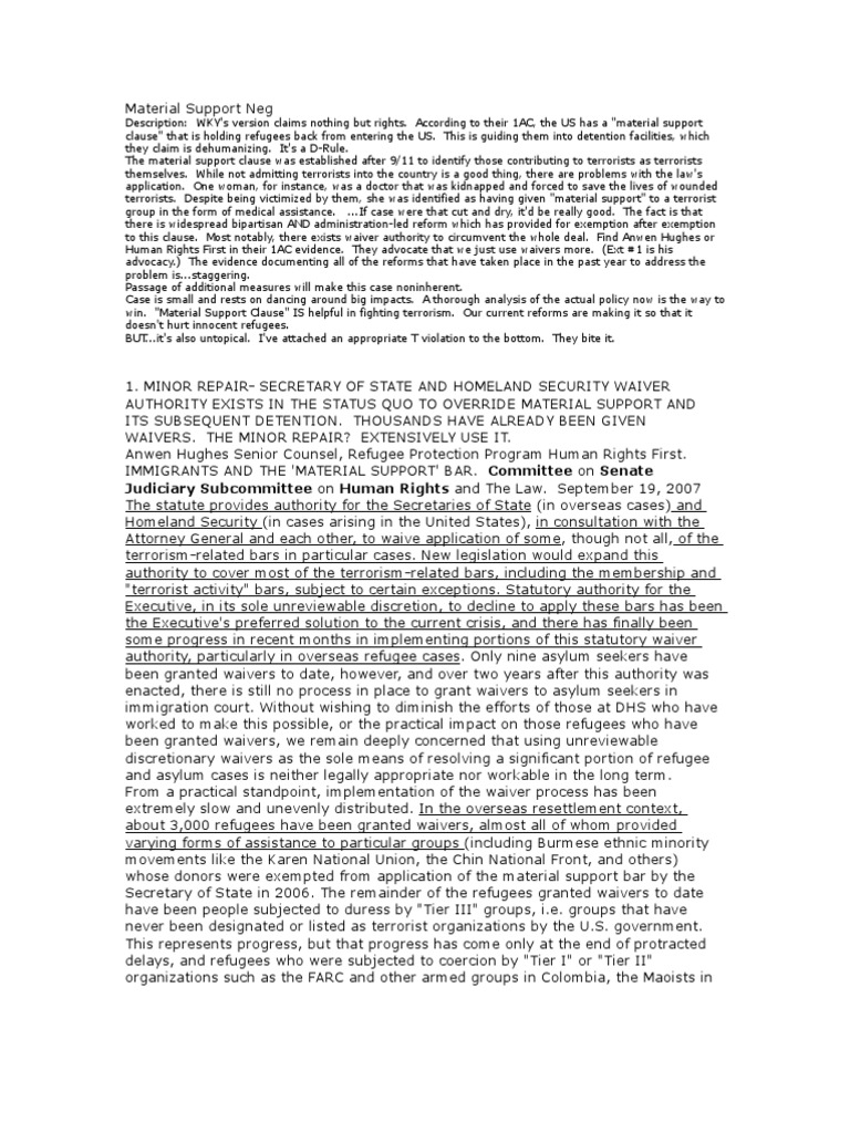 Material Support Waivers Neg File | PDF | Patriot Act | Refugee