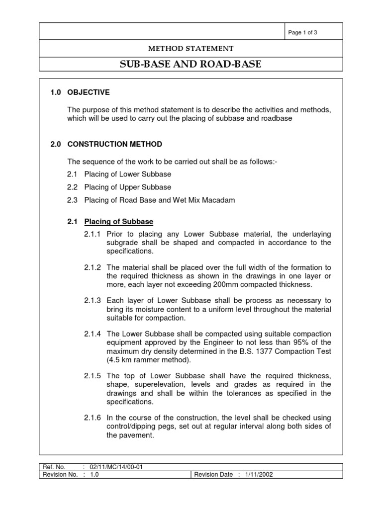 Method Statement For Roadbase Construction | PDF | Road | Road Surface