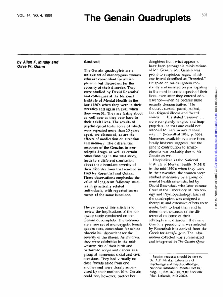 The Genain Quadruplets | PDF | Diagnostic And Statistical Manual Of ...