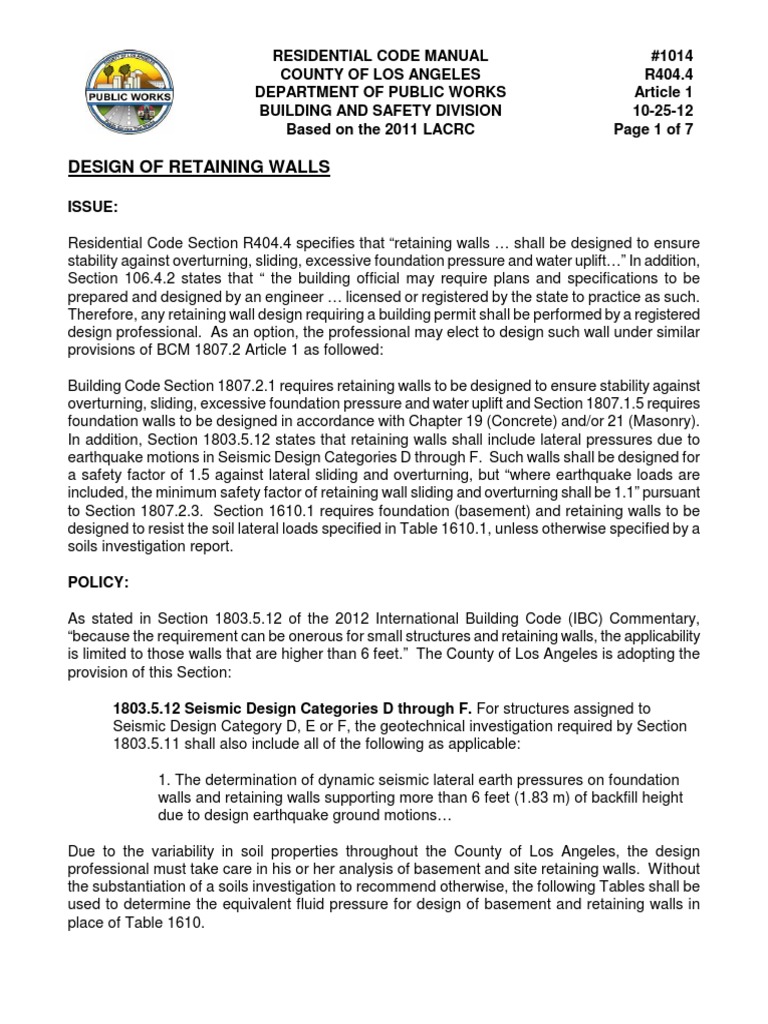 RCM R404.4 A1 - Design of Retaining Walls 10-25-12 | PDF