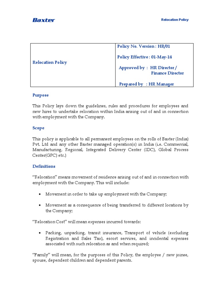 Employee Relocation Policy Overview | PDF | Payroll | Employment