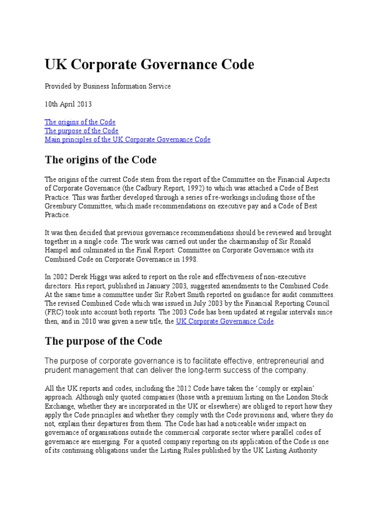 UK Corporate Governance Code Overview | PDF | Corporate Law ...