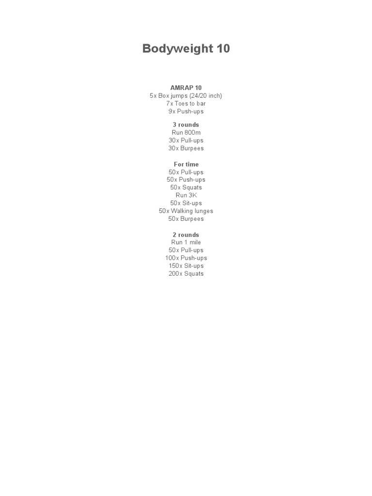 Bodyweight 10: 5x Box Jumps (24/20 Inch) 7x Toes To Bar 9x Push-Ups | PDF