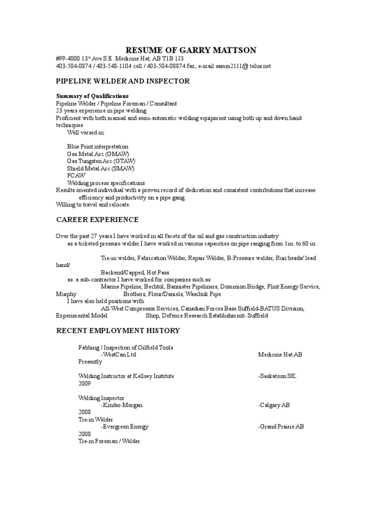 Resume of Garry Mattson | PDF | Welding | Construction