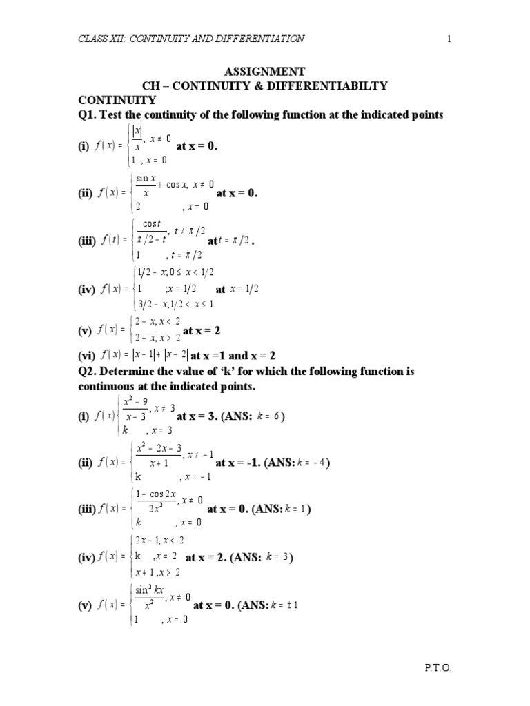Assignment (Ch-Continuity & Differentiabilty) | PDF | Derivative | Continuous Function
