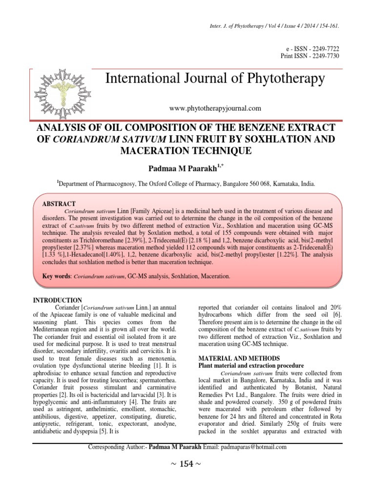 Analysis of Oil Composition of The Benzene Extract of Coriandrum ...