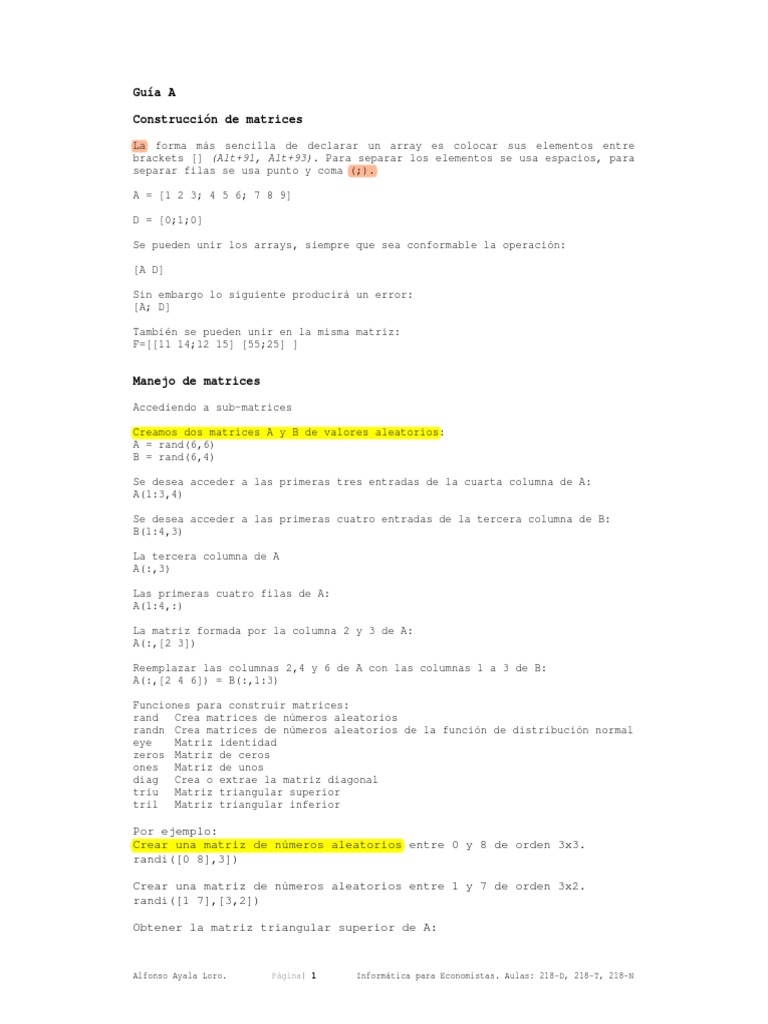 Guia para Matlab (Matrices) | PDF | Matriz (Matemáticas) | Estructura ...