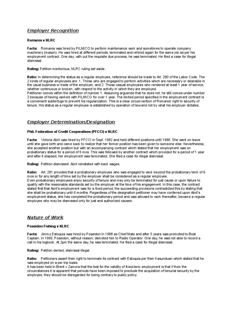 Labor Standards Case Digests | PDF | Independent Contractor | Employment