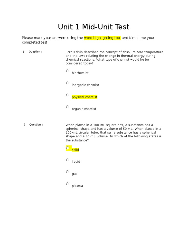 Mid Unit 1 Paper Test Chemistry So I Dont Have To Do Anything Else ...