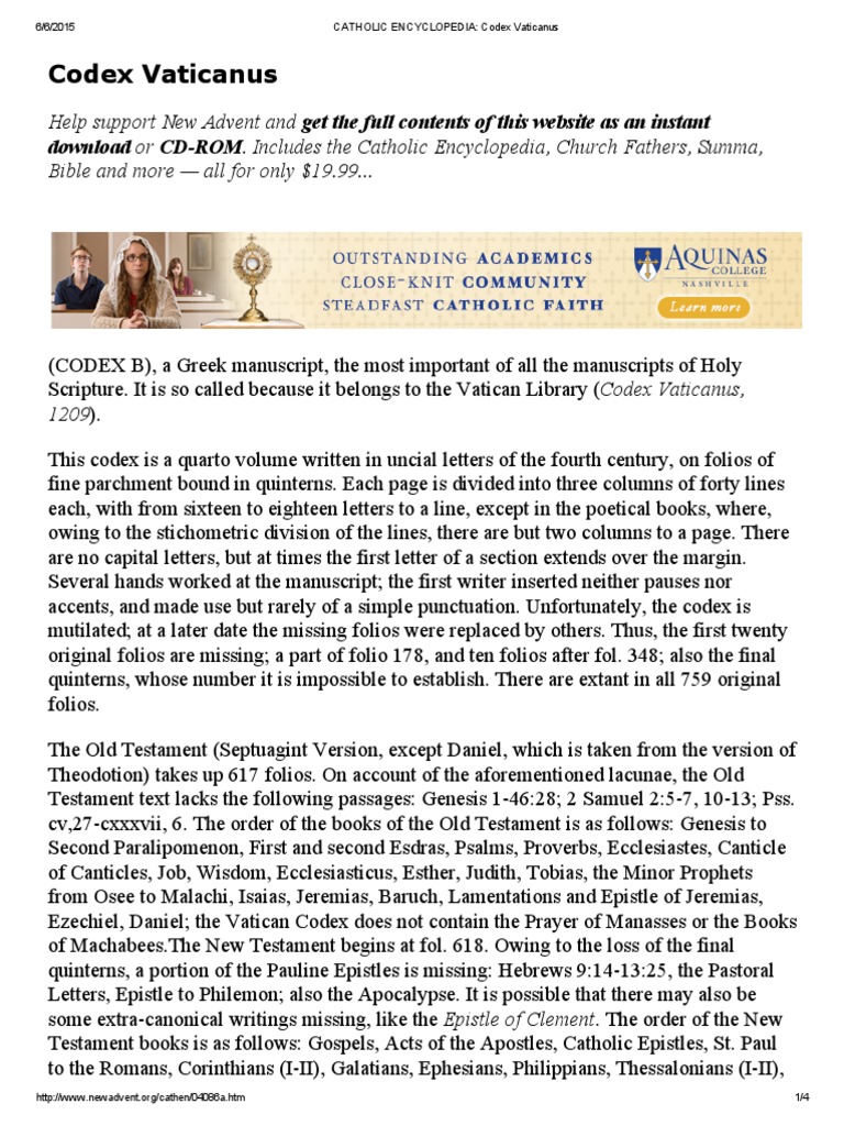 CATHOLIC ENCYCLOPEDIA - Codex Vaticanus PDF | PDF | Christian Texts ...