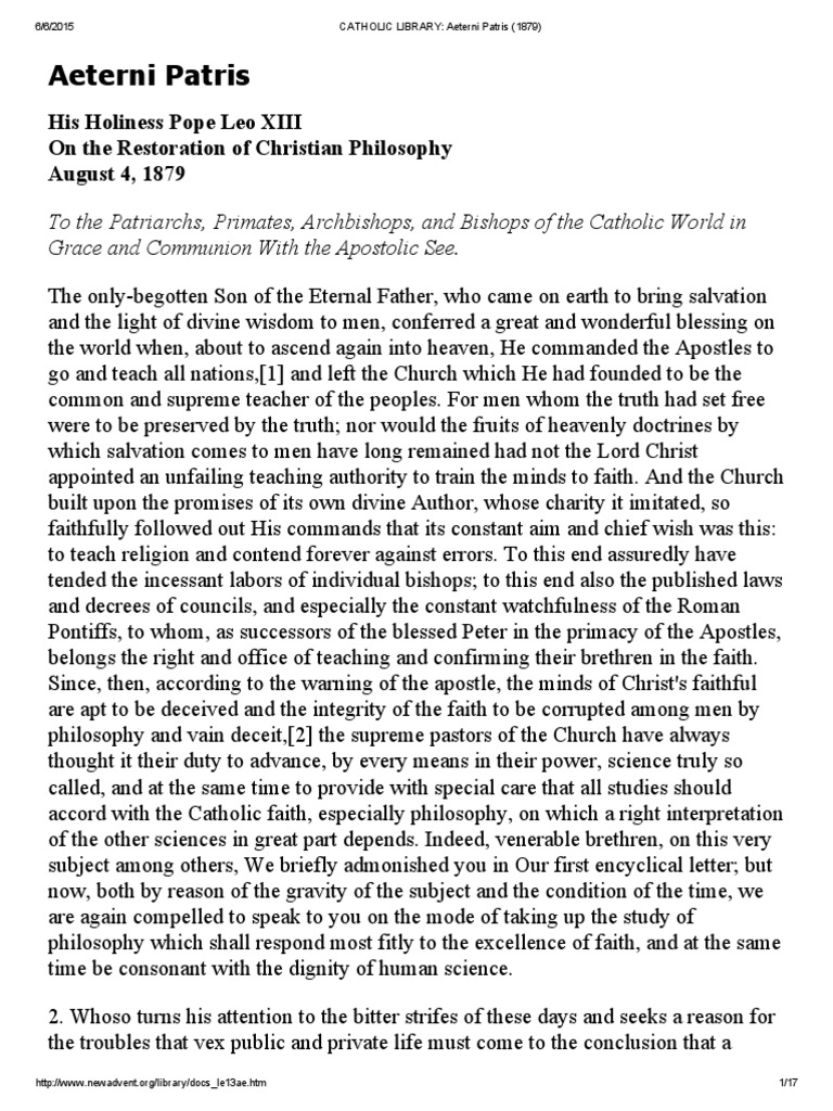 CATHOLIC LIBRARY - Aeterni Patris (1879) PDF | PDF | Thomas Aquinas ...