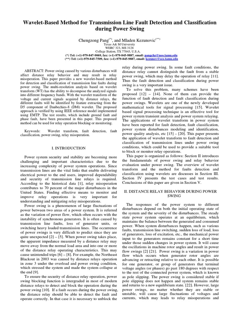 Wavelet-Based Method For Transmission Line Fault Detection and Classification During Power Swing ...