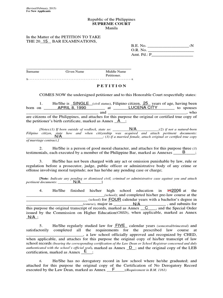 Sample petition For Bar Exam | Crimes | Crime & Justice
