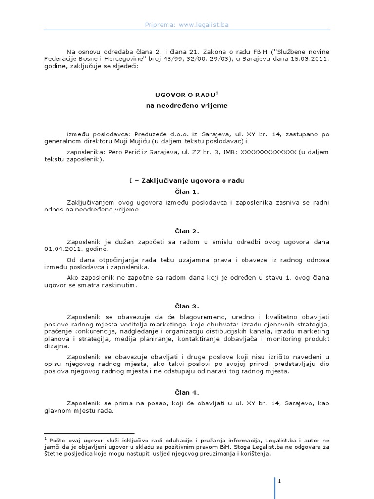 Ugovor o Radu Primjer | PDF