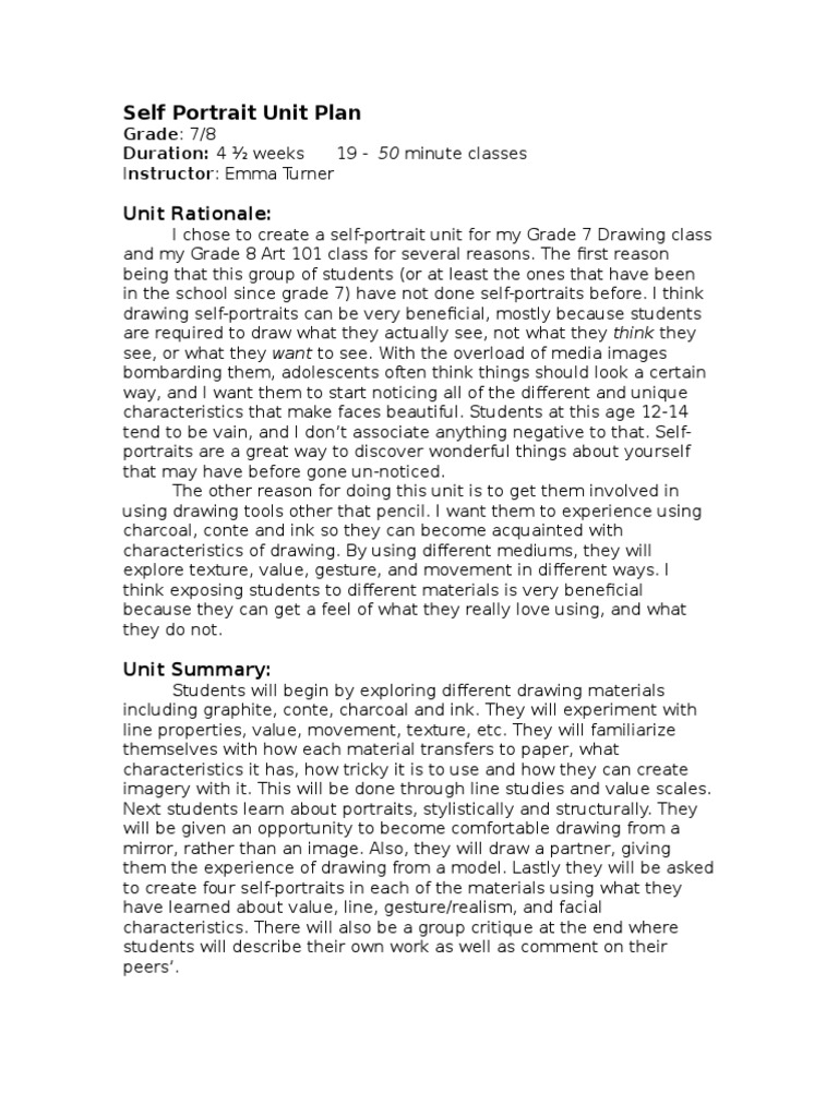 Self-Portrait Unit Plan | PDF | Drawing | Portrait Painting
