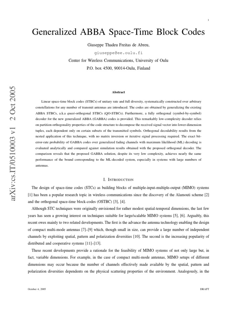 Generalized ABBA Space-Time Block Codes | PDF | Mimo | Matrix (Mathematics)