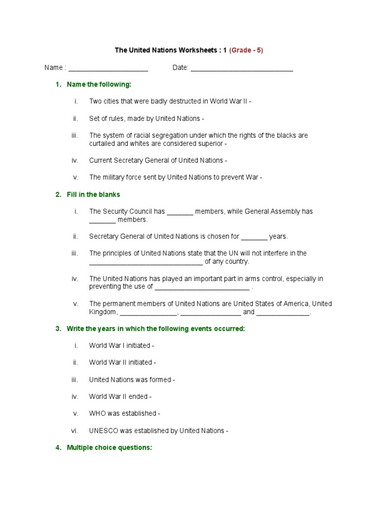 The United Nations Worksheets | PDF