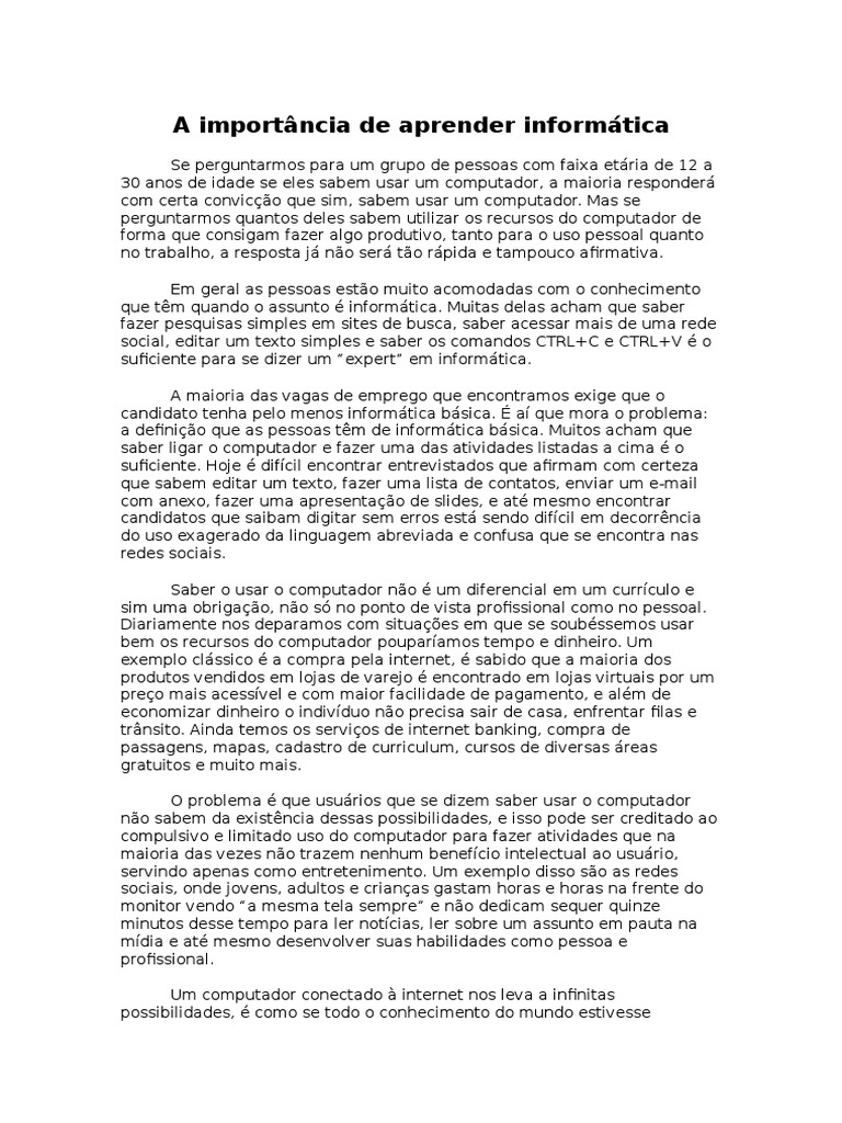 A Importância de Aprender Informática | PDF | Internet | Aprendizado