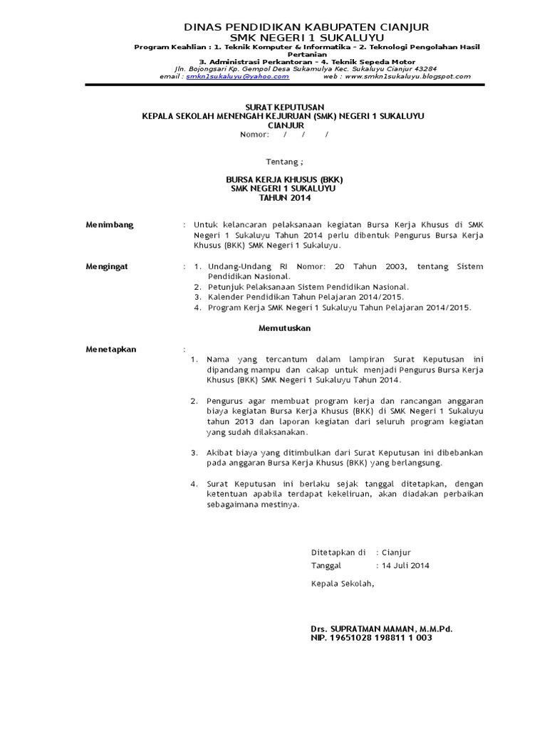 SK Pembentukan BKK SMK Negeri 1 Sukaluyu | PDF | Bisnis | Sains ...