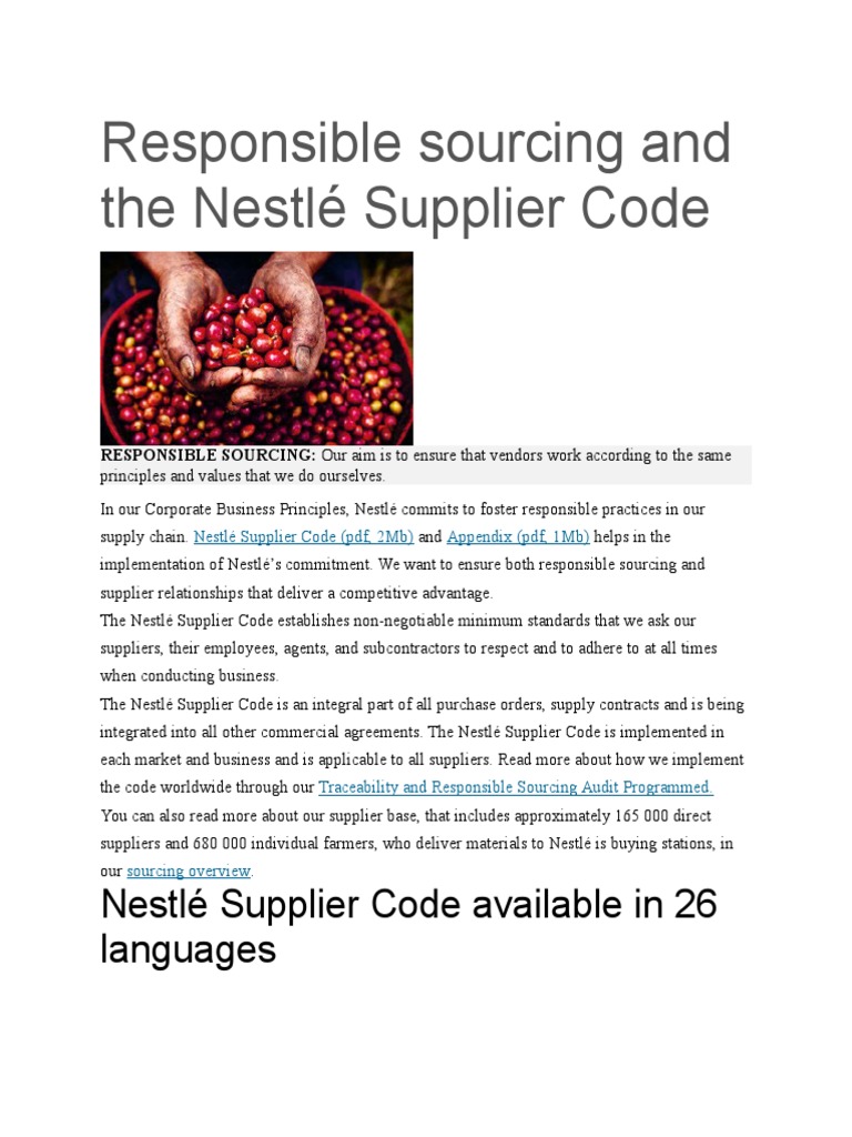 Responsible Sourcing and The Nestlé Supplier Code | PDF | Nestlé ...