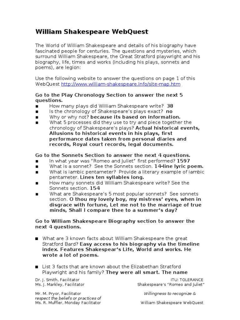 William Shakespeare WebQuest | PDF | William Shakespeare | Sonnets